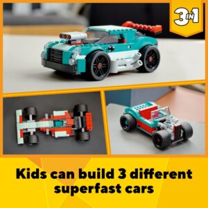 LEGO Creator 3 in 1 Street Racer Car, Rebuildable Kit Transforms to a Muscle Car, Hot Rod, or Race Car Toy, Great Model Car Toy Gift for Boys and Girls Age 7+ Years Old, 31127