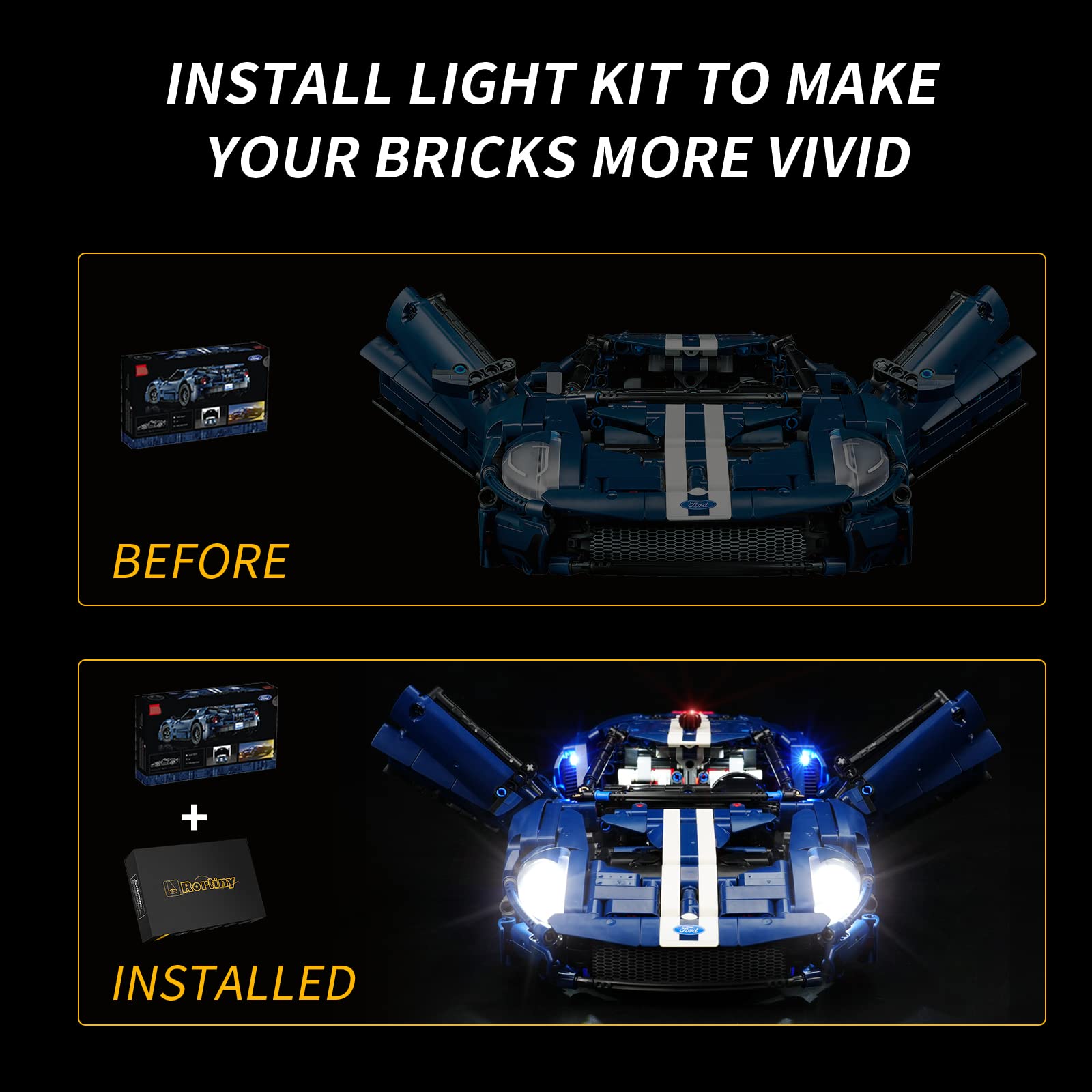 Rorliny LED Light Kit for LEGO Technic 2022 Ford GT 42154 Car Model Kit, Lighting Set Compatible with Lego 42154 (Lights Only, No Lego Models)