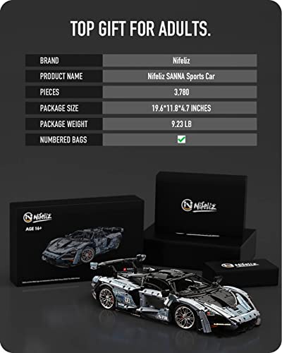 Nifeliz Sanna GTR Building Set, 1:8 Scale Sports Car Toy Model Building Kit, MOC Racing Building Blocks for Teens and Adults(3,780 Pieces)