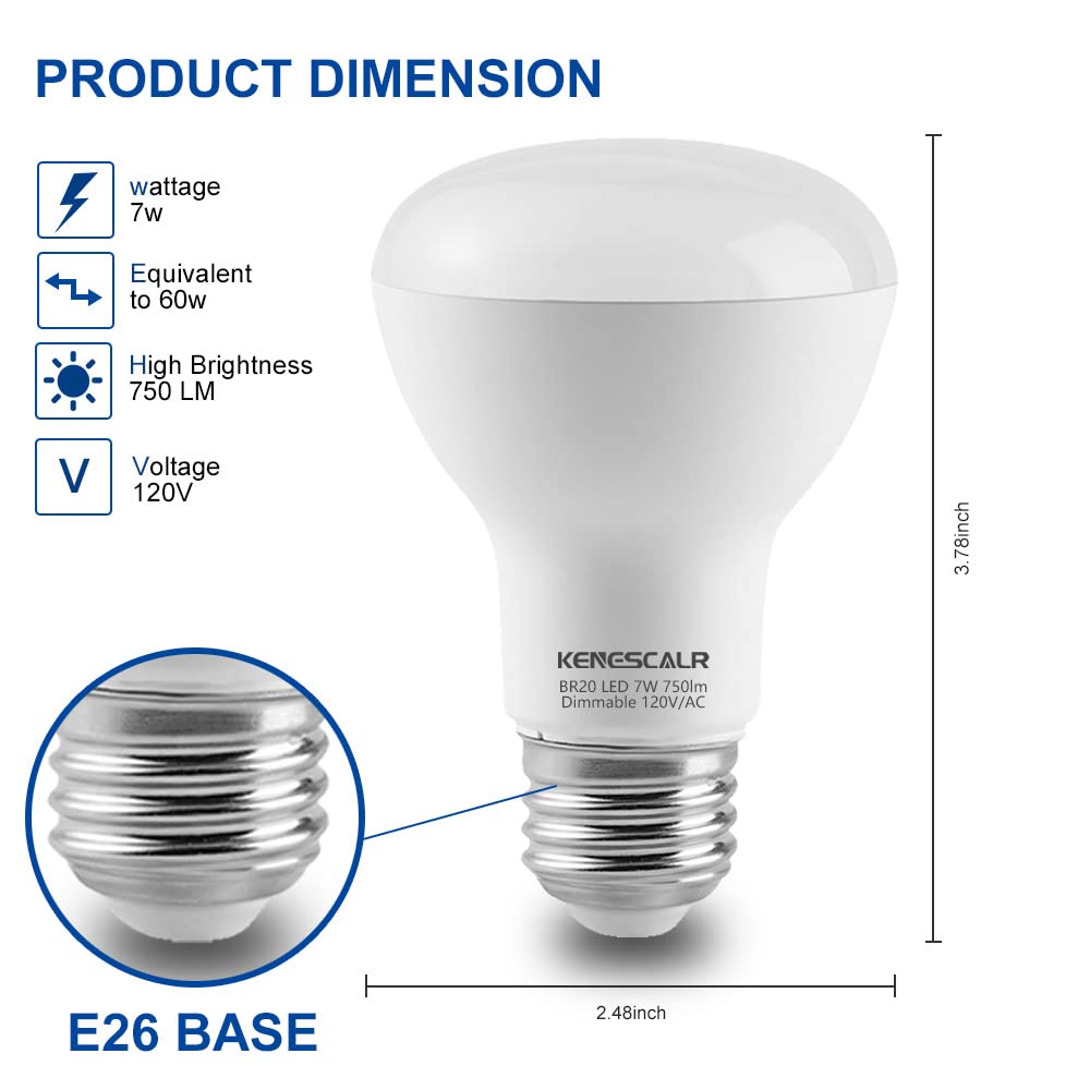 KENESCALR BR20 LED Bulb 5000K Daylight White 7W 50W 60W Equivalent 750LM Dimmable E26 Base Indoor Flood Light Bulbs for Recessed Can Ceiling Lighting 4-Pack