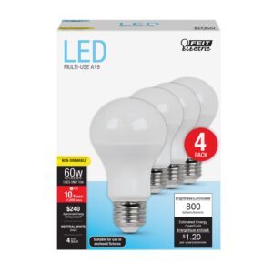 Feit Electric A19 LED Light Bulb, 60W Equivalent, E26 Medium Base, 800 Lumens, 3500K Neutral White, Non-Dimmable Standard Light Bulb, 10-year Lifetime, A800/835/10KLED/4, 4 Packs