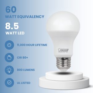 Feit Electric A19 LED Light Bulb, 60W Equivalent, E26 Medium Base, 800 Lumens, 3500K Neutral White, Non-Dimmable Standard Light Bulb, 10-year Lifetime, A800/835/10KLED/4, 4 Packs