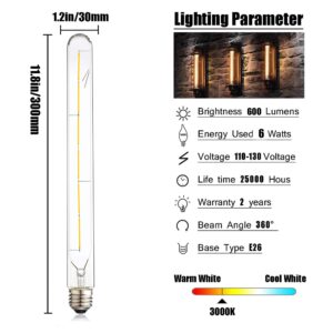 Dimmable Led Tubular Bulb 12W,3000K Soft White,T30 Long Tube Edison Led Vintage Filament Bulb,100W Equivalent,Clear Glass Cover, E26 Medium Base,4-Pack. (11.8in(300mm)-6W)