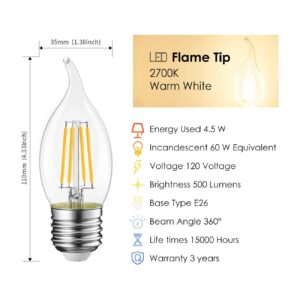 LVWIT Flame Tip LED Filament Bulb Candelabra E26 Base Dimmable 4.5W (60W Equivalent) B11 Chandelier Candle Light Bulb，2700K Warm White 6-Pack