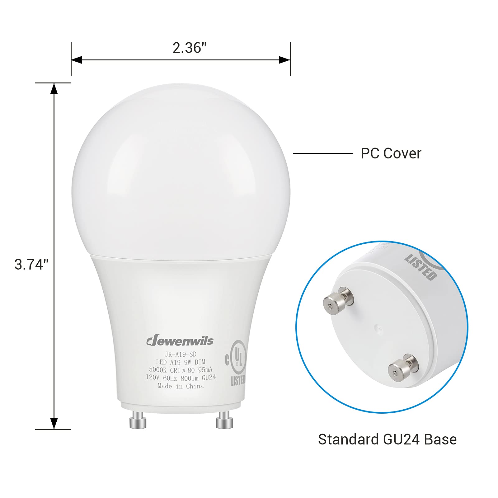 DEWENWILS GU24 LED Light Bulb, 60W Equivalent, Dimmable 2 Prong Light Bulbs, 5000K Daylight White, 9W 800 Lumens, A19 Shape Bulbs, GU24 Twist Lock Base, UL Listed, 4 Pack