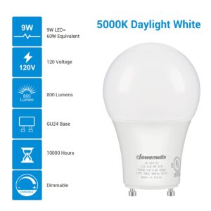 DEWENWILS GU24 LED Light Bulb, 60W Equivalent, Dimmable 2 Prong Light Bulbs, 5000K Daylight White, 9W 800 Lumens, A19 Shape Bulbs, GU24 Twist Lock Base, UL Listed, 4 Pack