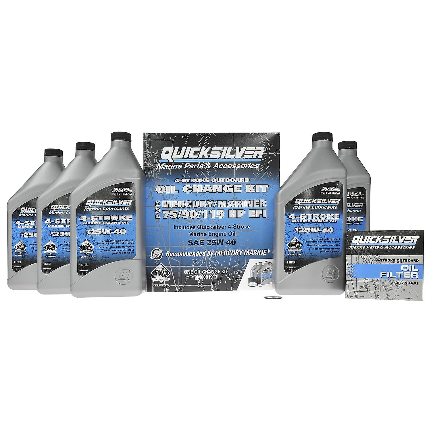 Quicksilver 25W-40 Oil Change Kit for 4-stroke 75hp, 90hp and 115hp Mercury 1.7L outboards