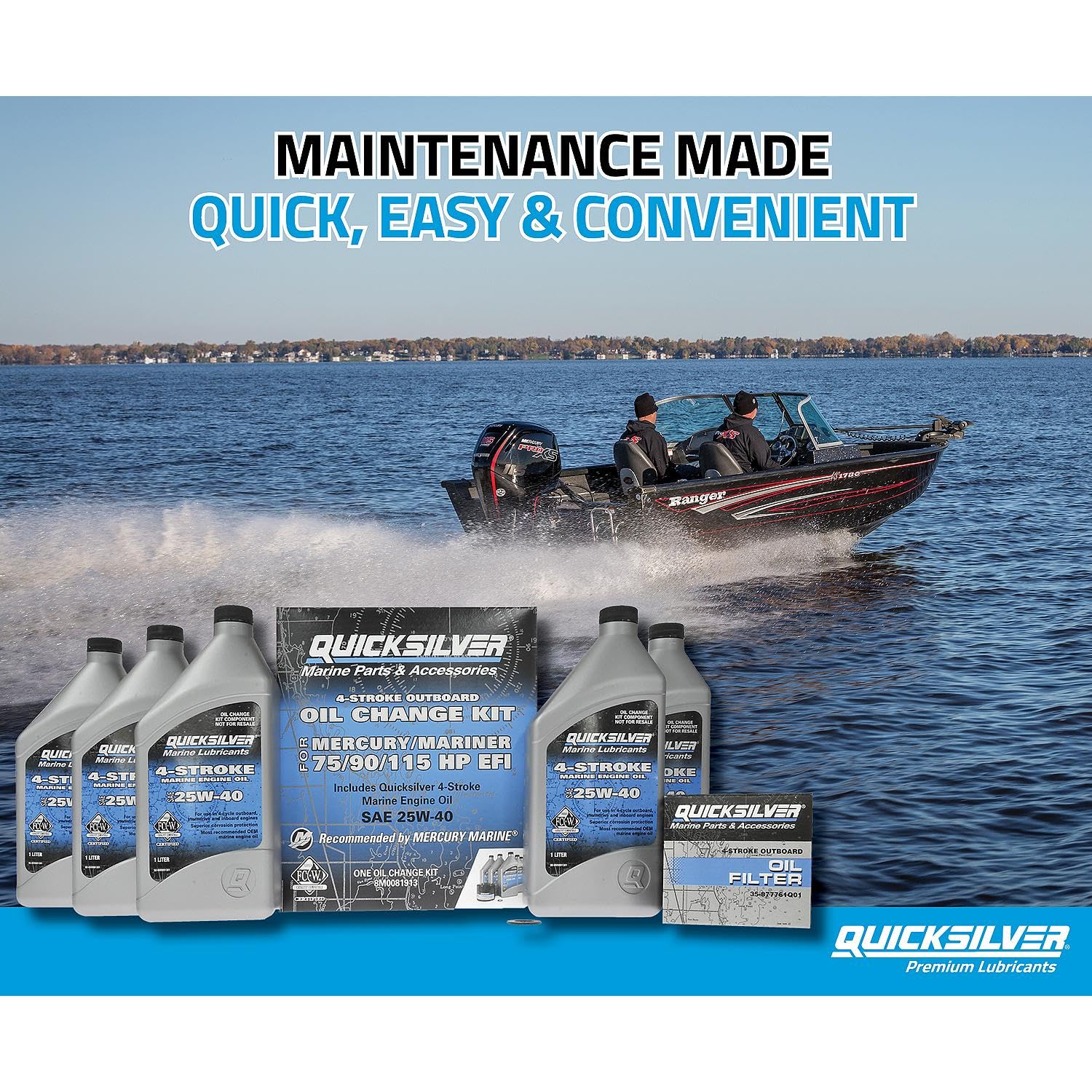 Quicksilver 25W-40 Oil Change Kit for 4-stroke 75hp, 90hp and 115hp Mercury 1.7L outboards