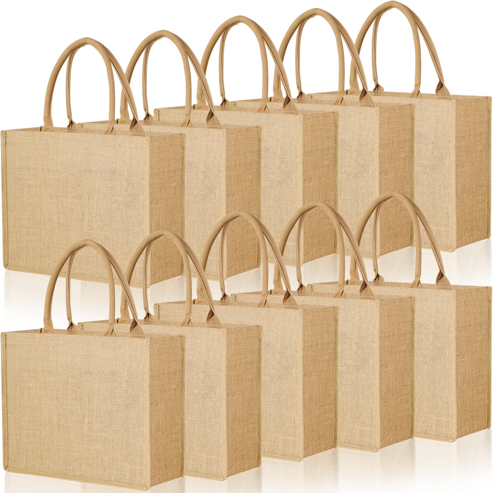 YOTNUS 10 Pack Burlap Jute Tote Bag, Reusable Grocery Bags with Handle Waterproof Beach Bag Bulk, Market Bag Burlap, Gift Bags, Large DIY Blank Tote for Wedding, Bridesmaid Bachelorette Bags