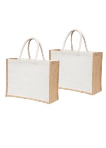 white jute burlap tote bags with handle | natural eco-friendly reusable grocery bag | totes for bridesmaids|yogi's gift® pack of 2