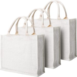 segarty tote bags, 3 pack small white burlap jute reusable canvas gift favors bag with handles blank tote bulk for bridesmaid wedding, women market grocery shopping, bachelorette party, beach trip