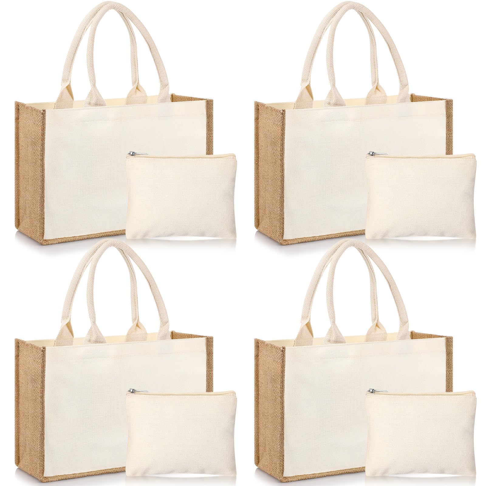 Sweetude 4 Set Jute Burlap Tote Bag with Makeup Bags Include 4 Pcs Jute Tote Gift Bags with Handles 4 Pcs Canvas Zipper Pouch Reusable DIY Craft Blank Canvas Tote Bags for Wedding Bridesmaid