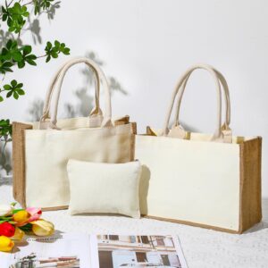 Sweetude 4 Set Jute Burlap Tote Bag with Makeup Bags Include 4 Pcs Jute Tote Gift Bags with Handles 4 Pcs Canvas Zipper Pouch Reusable DIY Craft Blank Canvas Tote Bags for Wedding Bridesmaid