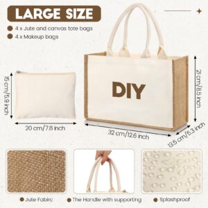 Sweetude 4 Set Jute Burlap Tote Bag with Makeup Bags Include 4 Pcs Jute Tote Gift Bags with Handles 4 Pcs Canvas Zipper Pouch Reusable DIY Craft Blank Canvas Tote Bags for Wedding Bridesmaid