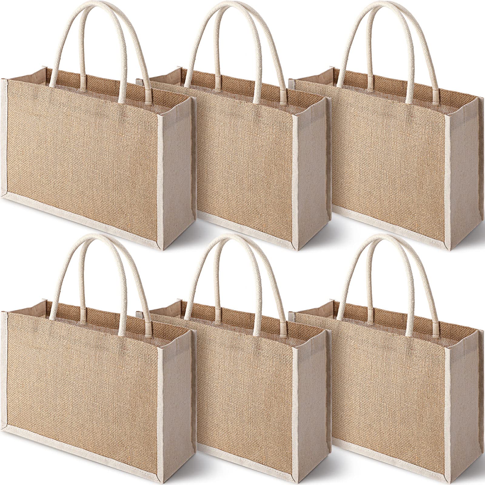 Nuogo 6 Pcs Burlap Gift Bags Jute Tote Bags with Handle Large Reusable Jute Canvas Gift Favors Bag for Christmas DIY Women Market Grocery Shopping, Beach Trip, Mother Bridesmaid Wedding