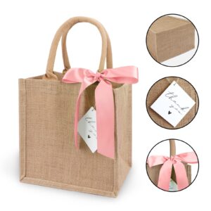 Burlap Tote Bags with Handles Reusable Jute Gift Bags with Pink Silk Ribbons Waterproof Lining for Wedding Bridesmaid Mother's Day Bachelorette Beach Party