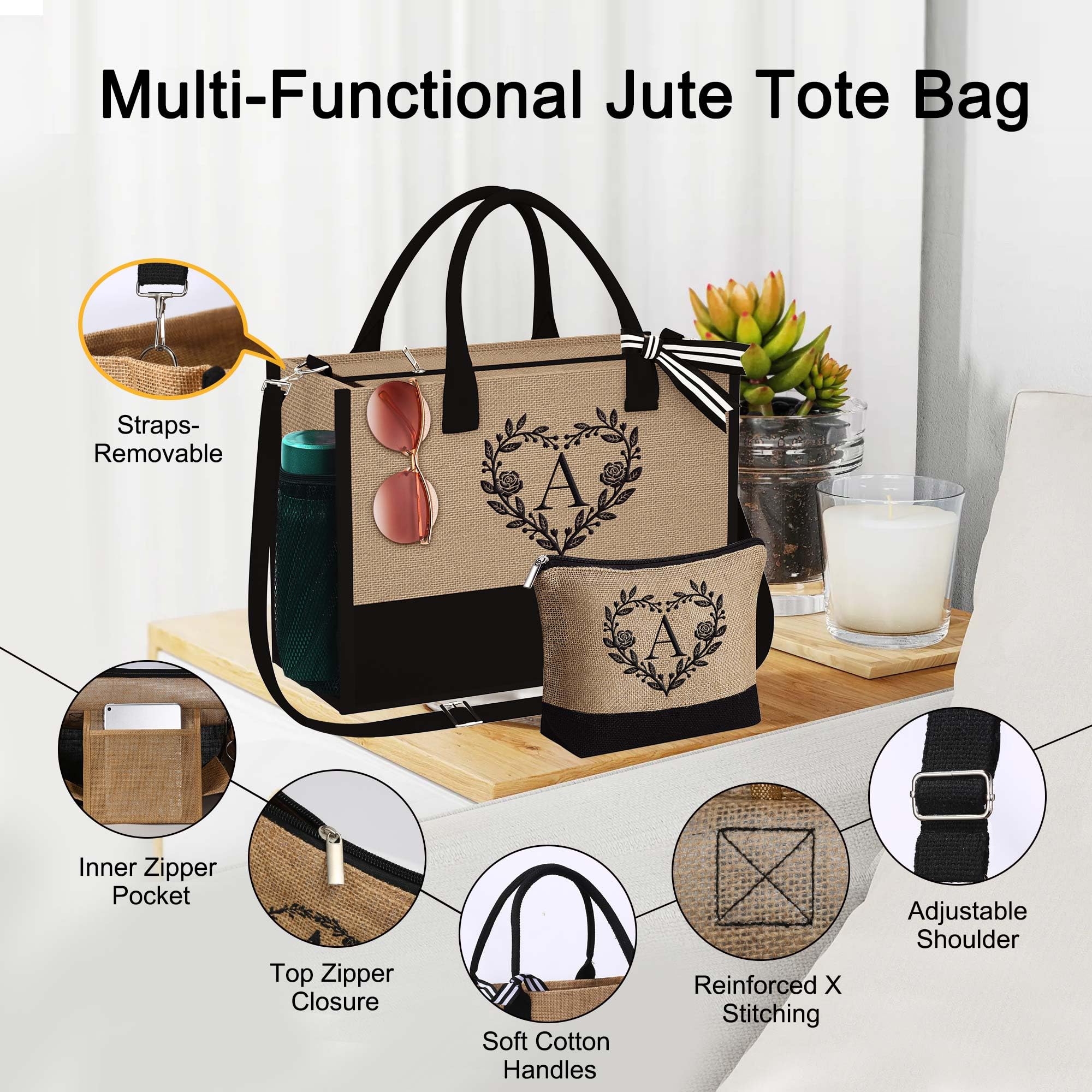 YOOLIFE Gifts for Mom - Mothers Day Gifts for Mom, Mom Gifts, Personalized Birthday Gifts for Mom, Mother In Law Gifts, Mothers Day Gifts from Daughter, Jute Initial Tote Bag Women A