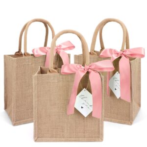 6 pack burlap tote bags with handles reusable jute gift bags with pink silk ribbons waterproof lining for wedding bridesmaid mother's day bachelorette beach party