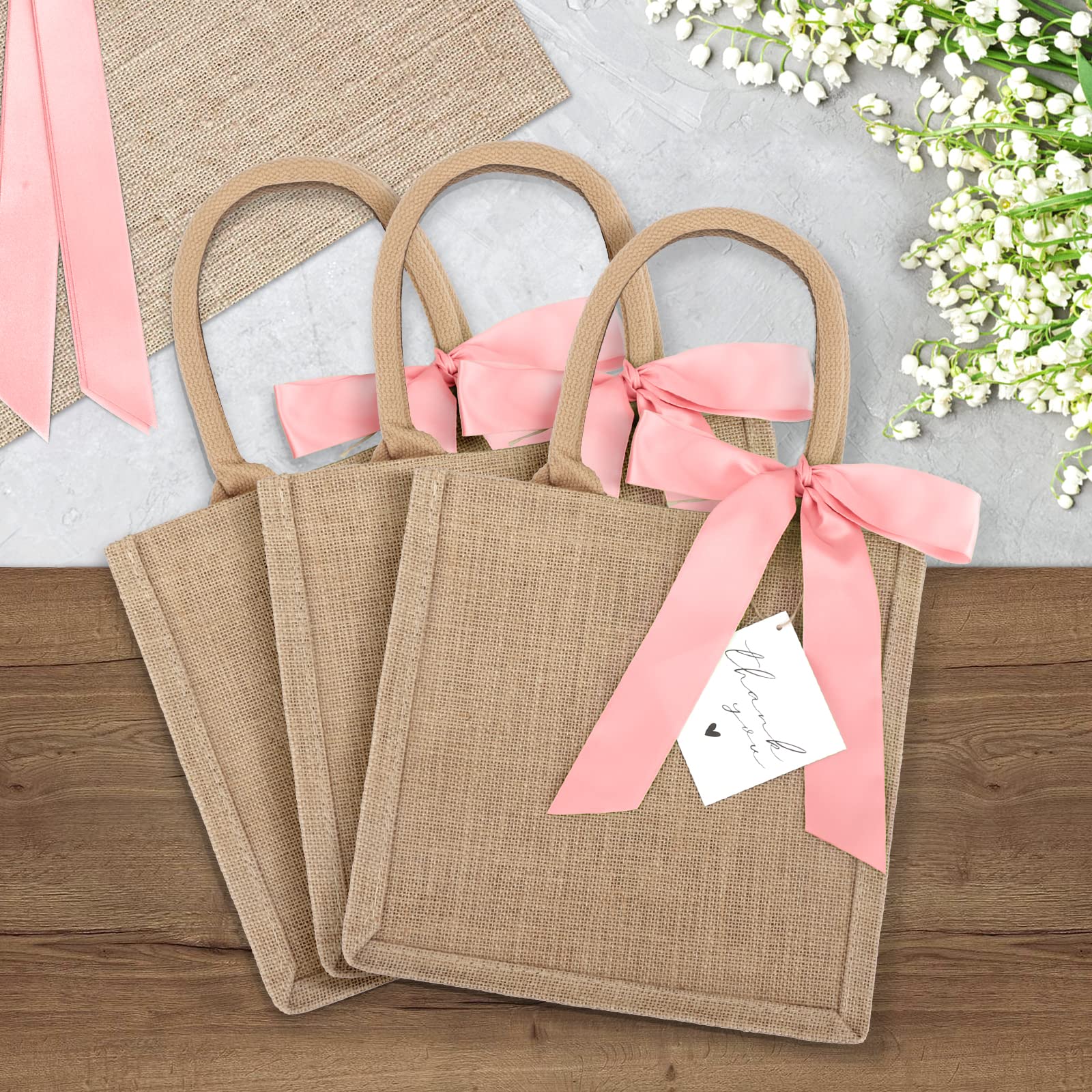 6 Pack Burlap Tote Bags with Handles Reusable Jute Gift Bags with Pink Silk Ribbons Waterproof Lining for Wedding Bridesmaid Mother's Day Bachelorette Beach Party