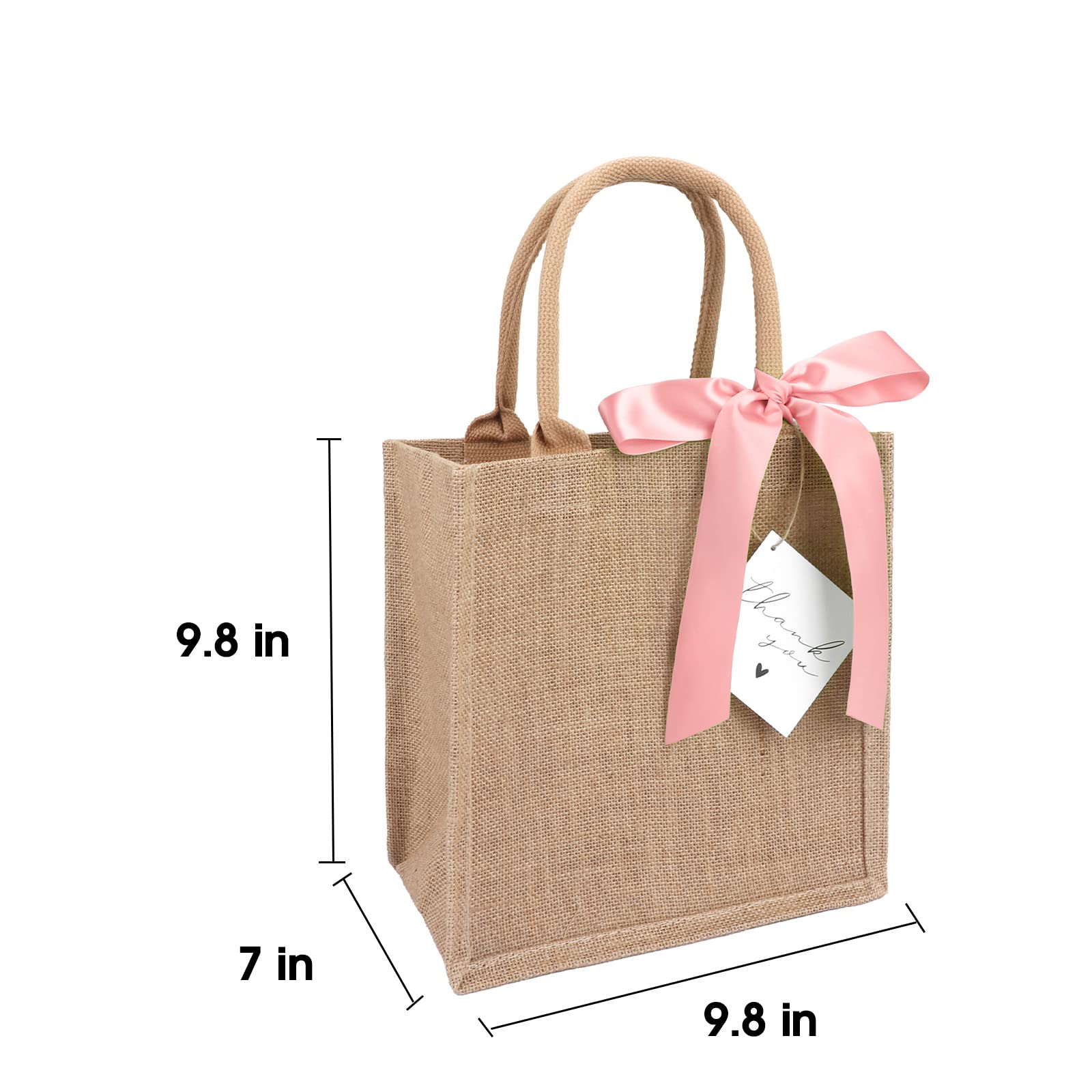 6 Pack Burlap Tote Bags with Handles Reusable Jute Gift Bags with Pink Silk Ribbons Waterproof Lining for Wedding Bridesmaid Mother's Day Bachelorette Beach Party