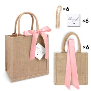 6 Pack Burlap Tote Bags with Handles Reusable Jute Gift Bags with Pink Silk Ribbons Waterproof Lining for Wedding Bridesmaid Mother's Day Bachelorette Beach Party