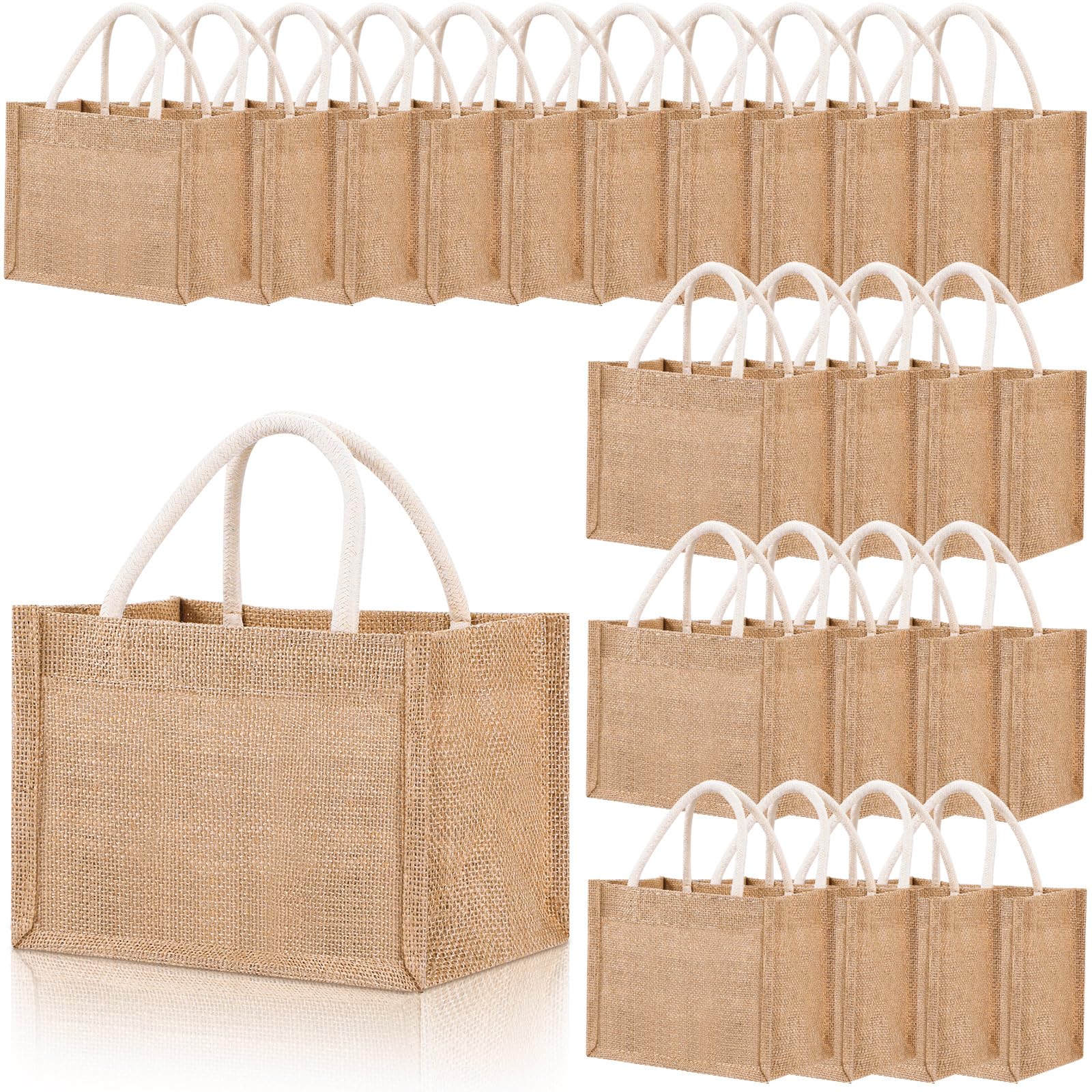 Cunno 24 Pcs Burlap Tote Bag Mini Jute Reusable Bag with Handles Small Blank Canvas Gift Bag Waterproof for Wedding Beach DIY(Simple)