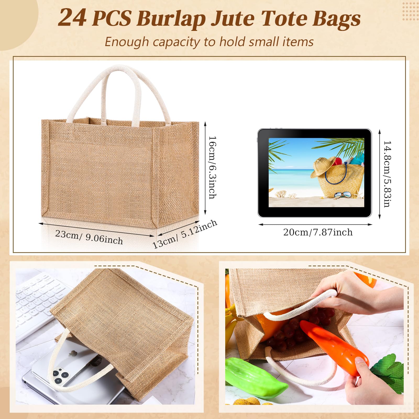 Cunno 24 Pcs Burlap Tote Bag Mini Jute Reusable Bag with Handles Small Blank Canvas Gift Bag Waterproof for Wedding Beach DIY(Simple)