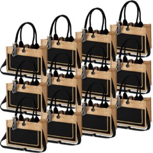 silkfly 12 packs jute burlap tote bags 11.81x7.87x5.51 inches burlap beach bags with handles nice gift for women mom (black)