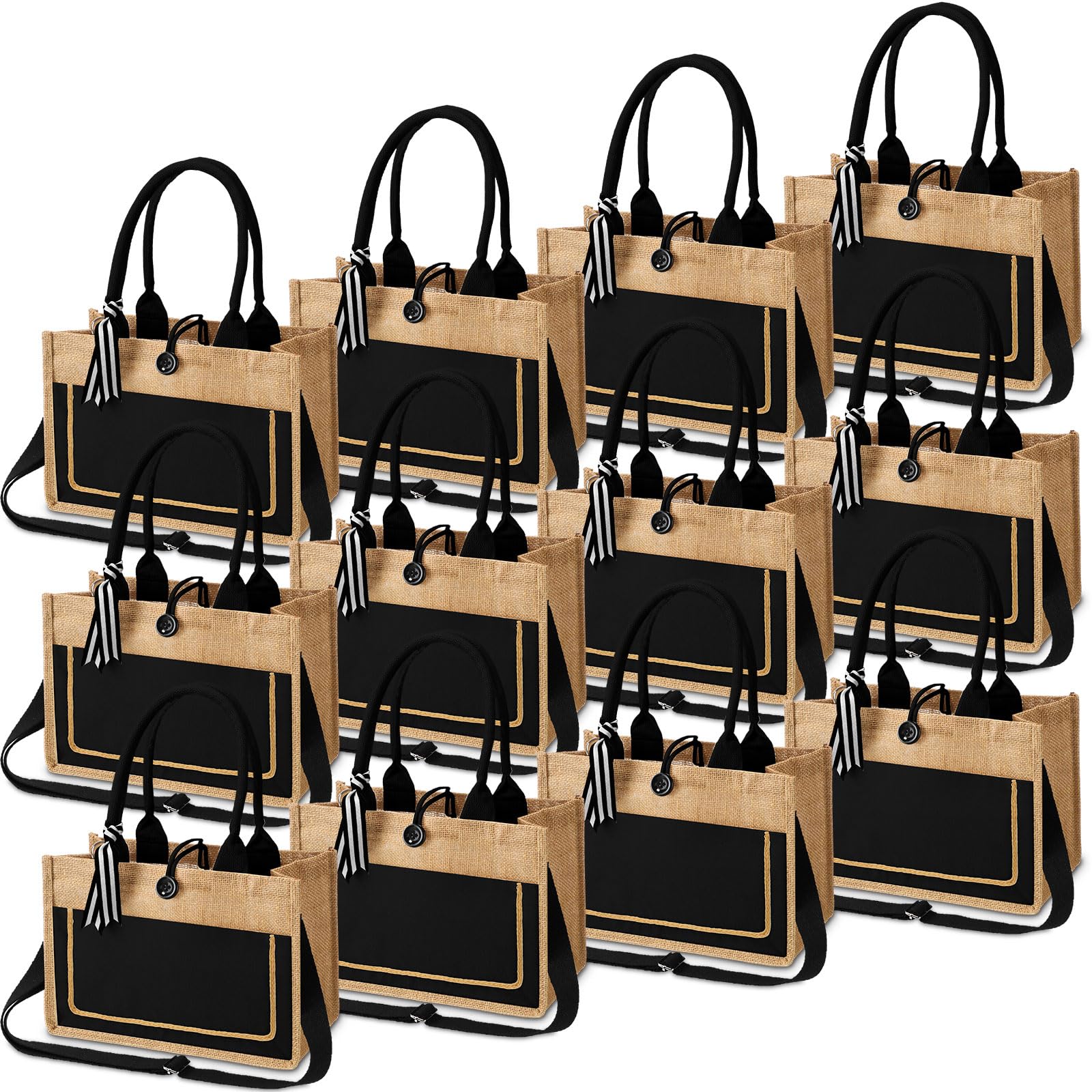 Silkfly 12 Packs Jute Burlap Tote Bags 11.81x7.87x5.51 Inches Burlap Beach Bags with Handles Nice Gift for Women Mom (Black)