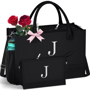 qlovea initial tote bag gifts for women - embroidery personalized canvas tote bag w makeup bag birthday gifts for friend black shoulder handbag for travel letter j