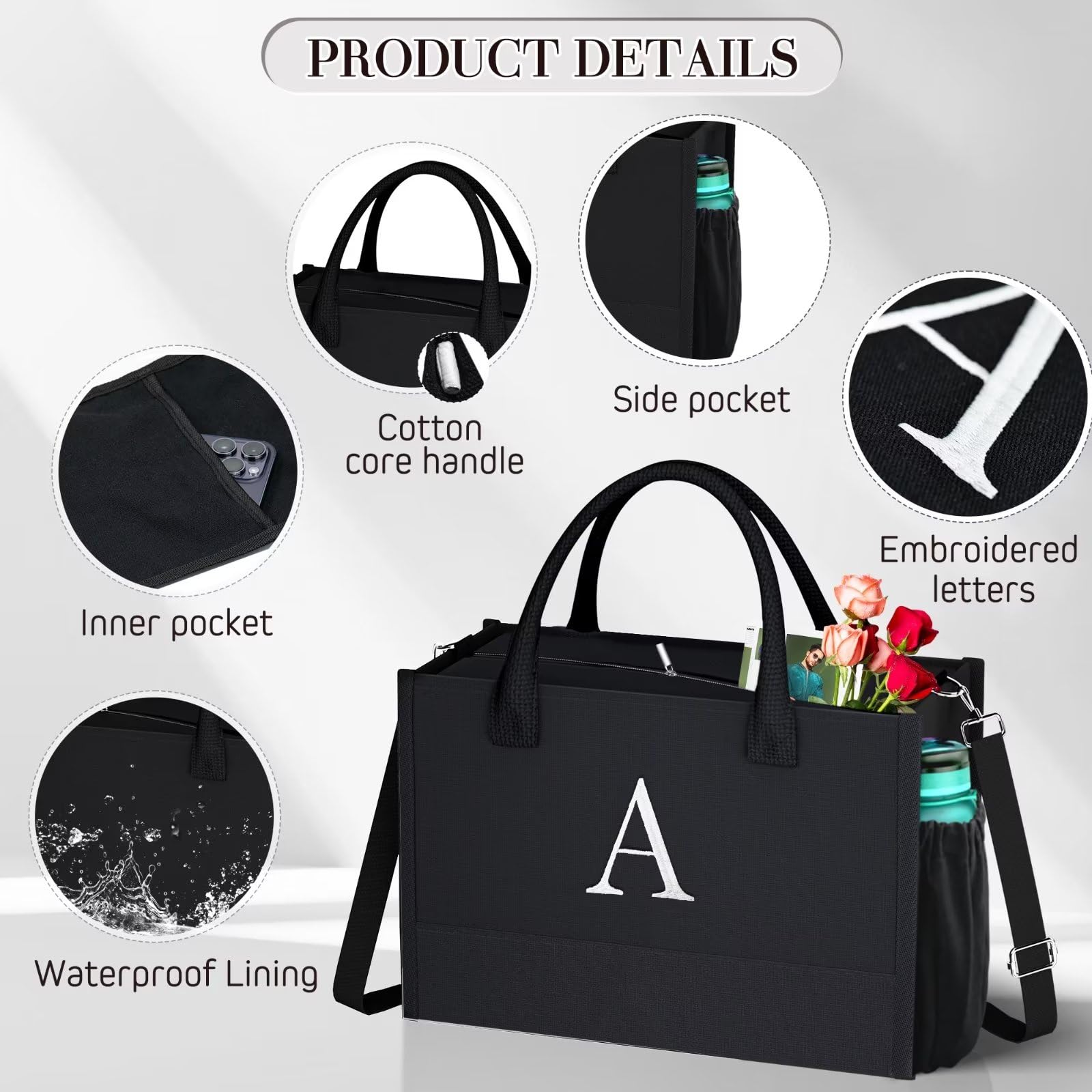 QLOVEA Initial Tote Bag Gifts for Women - Embroidery Personalized Canvas Tote Bag w Makeup Bag Birthday Gifts for Friend Black Shoulder Handbag for Travel Letter J