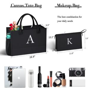 QLOVEA Initial Tote Bag Gifts for Women - Embroidery Personalized Canvas Tote Bag w Makeup Bag Birthday Gifts for Friend Black Shoulder Handbag for Travel Letter J