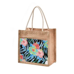 tote bag floral flowers tropical palm leaves exotic blue pink green jute burlap wedding bridesmaid gift bag grocery storage bag