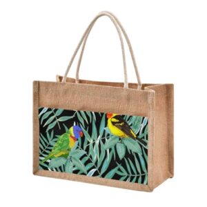 jute tote burlap bag green parrot tropical bird floral flowers leaves gift bag women diy work grocery storage bag