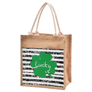 jute burlap tote bag luck clover shamrock st patrick's day spring striped black white large capacity reusable grocery shopping storage bag