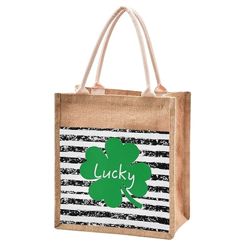 Jute Burlap Tote Bag Luck Clover Shamrock St Patrick's Day Spring Striped Black White Large Capacity Reusable Grocery Shopping Storage Bag