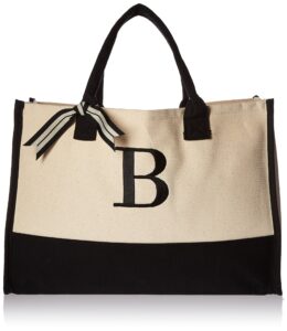 mud pie classic black and white initial canvas tote bags (b), 100% cotton, 17" x 19" x 2"