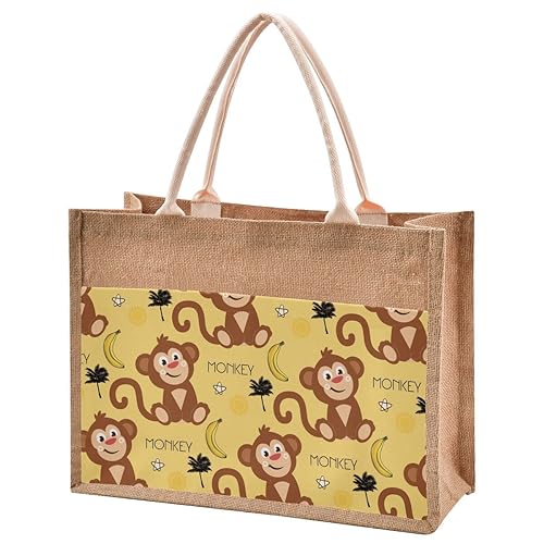 Jute Burlap Tote Yellow Tropical Monkey Palm Tree Banana Animal Large Beach Bag Reusable Grocery Shopping Storage Bag