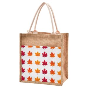 jute burlap tote bag maple leaves simple hand drawn autumn fall thanksgiving day orange white large capacity reusable grocery shopping storage bag