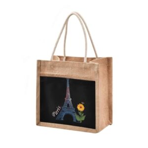 tote bag sunflowers paris eiffel tower floral flower black red navy jute burlap wedding bridesmaid gift bag grocery storage bag