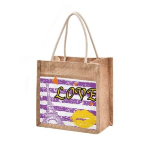 tote bag valentine's day birthday love lip striped eiffel tower purple jute burlap wedding bridesmaid gift bag grocery storage bag