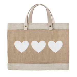 santa barbara design studio farmers market tote with three white hearts, reusable burlap grocery bag with leather handle, purse for beach or picnics, food lovers gift idea, 12.5 x 9.5 inches