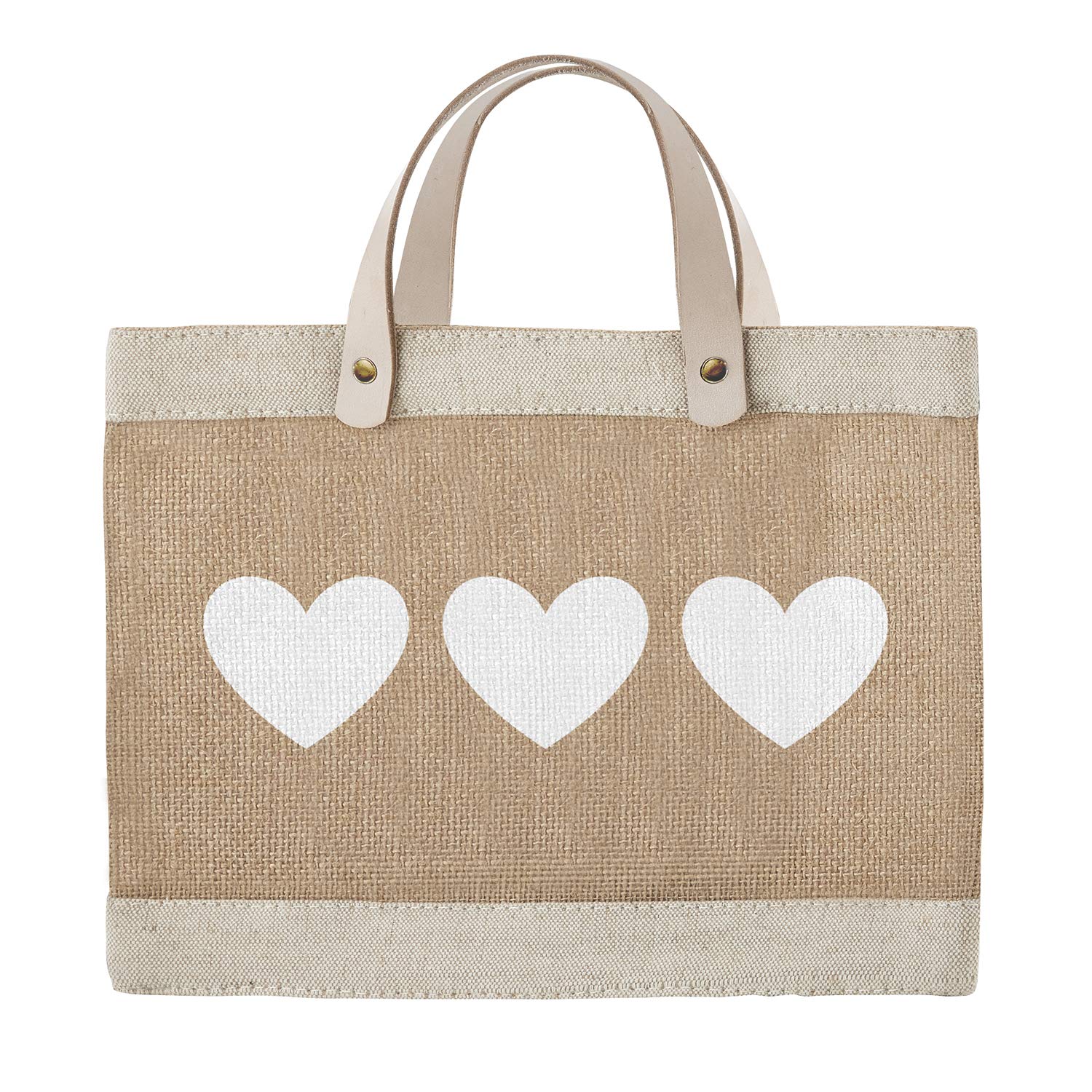 Santa Barbara Design Studio Farmers Market Tote with Three White Hearts, Reusable Burlap Grocery Bag with Leather Handle, Purse for Beach or Picnics, Food Lovers Gift Idea, 12.5 x 9.5 Inches