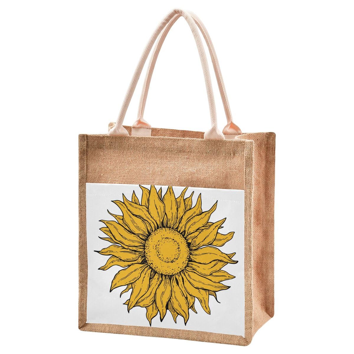 Jute Burlap Tote Bag Sunflowers Autumn Summer Yellow Floral Large Capacity Reusable Grocery Shopping Storage Bag