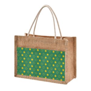 jute tote burlap bag striped stars galaxy yellow green gift bag women diy work grocery storage bag