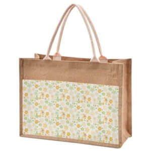 jute burlap tote floral flowers simple rustic solid abstract yellow green large beach bag reusable grocery shopping storage bag