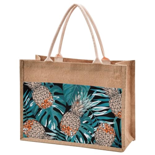 Jute Burlap Tote Pineapple Green Palm Leaves Tropical Exotic Large Beach Bag Reusable Grocery Shopping Storage Bag