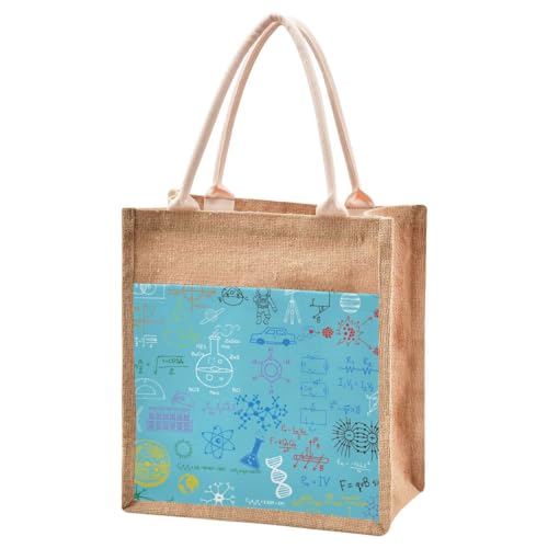 Jute Burlap Tote Bag Blue Science Biology Chemistry Formulas Physics Math Education Large Capacity Reusable Grocery Shopping Storage Bag