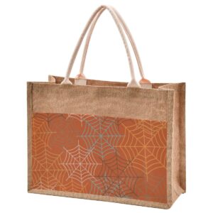 jute burlap tote orange halloween spider web striped autumn large beach bag reusable grocery shopping storage bag