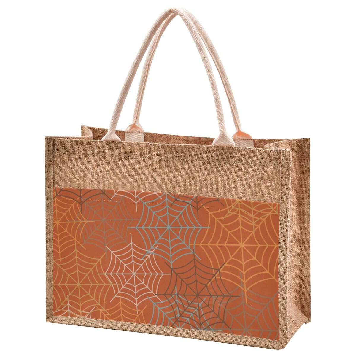 Jute Burlap Tote Orange Halloween Spider Web Striped Autumn Large Beach Bag Reusable Grocery Shopping Storage Bag